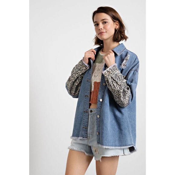 easel | Jackets & Coats | Easel Washed Denim Animal Leopard Print Mixed ...